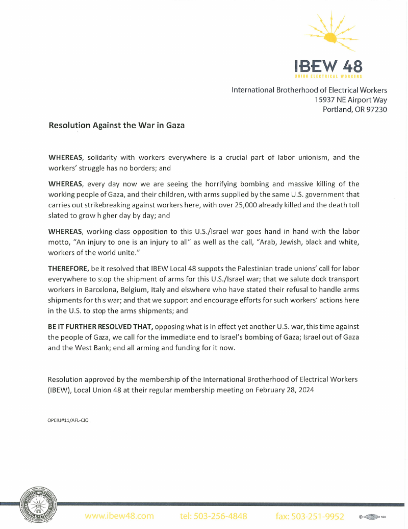 IBEW Local 48 calls for workers action to stop the U.S./Israel war on ...